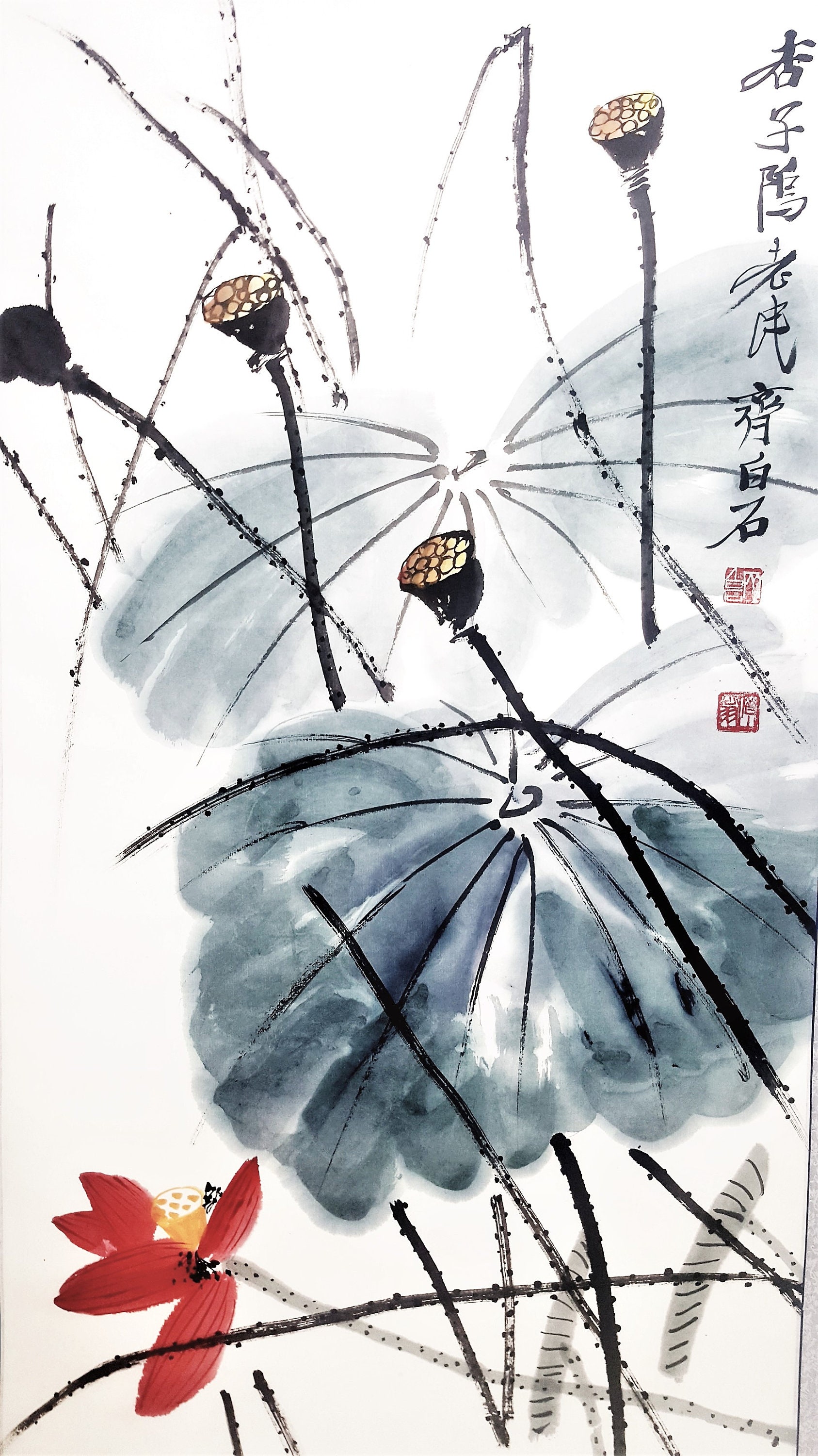 Chinese Ink Brush Painting Lotus Flower, Leaves and Pods in Style of ...