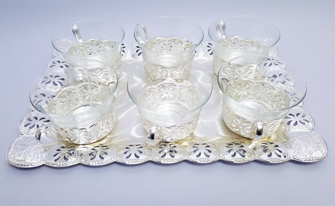 German Tea Service Silver-plated Set of 6 Glass Insert Cups With a Tray ...