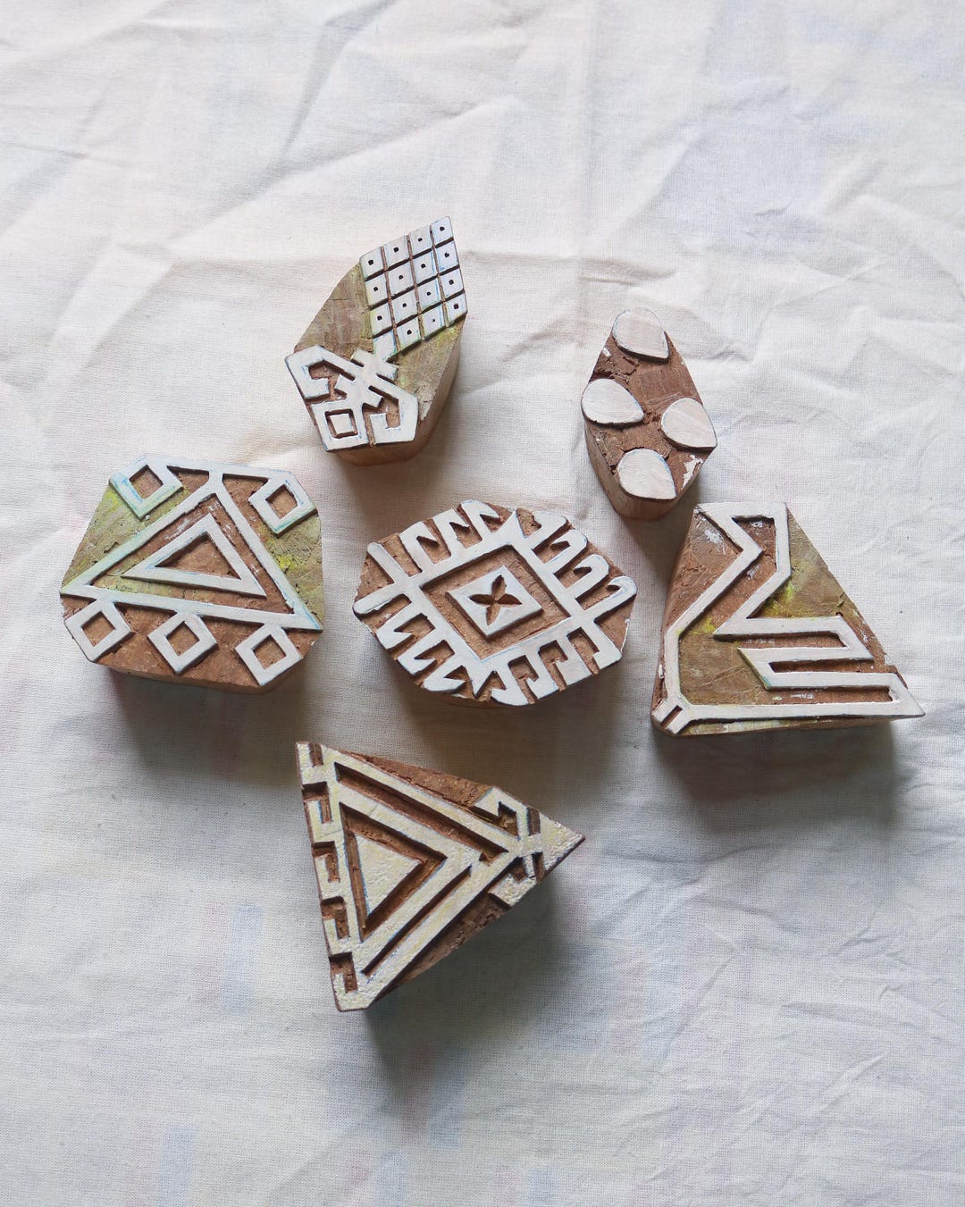 Handmade Sheesham Wood Printing Blocks, Geometric Tribal Stamps, Set of ...