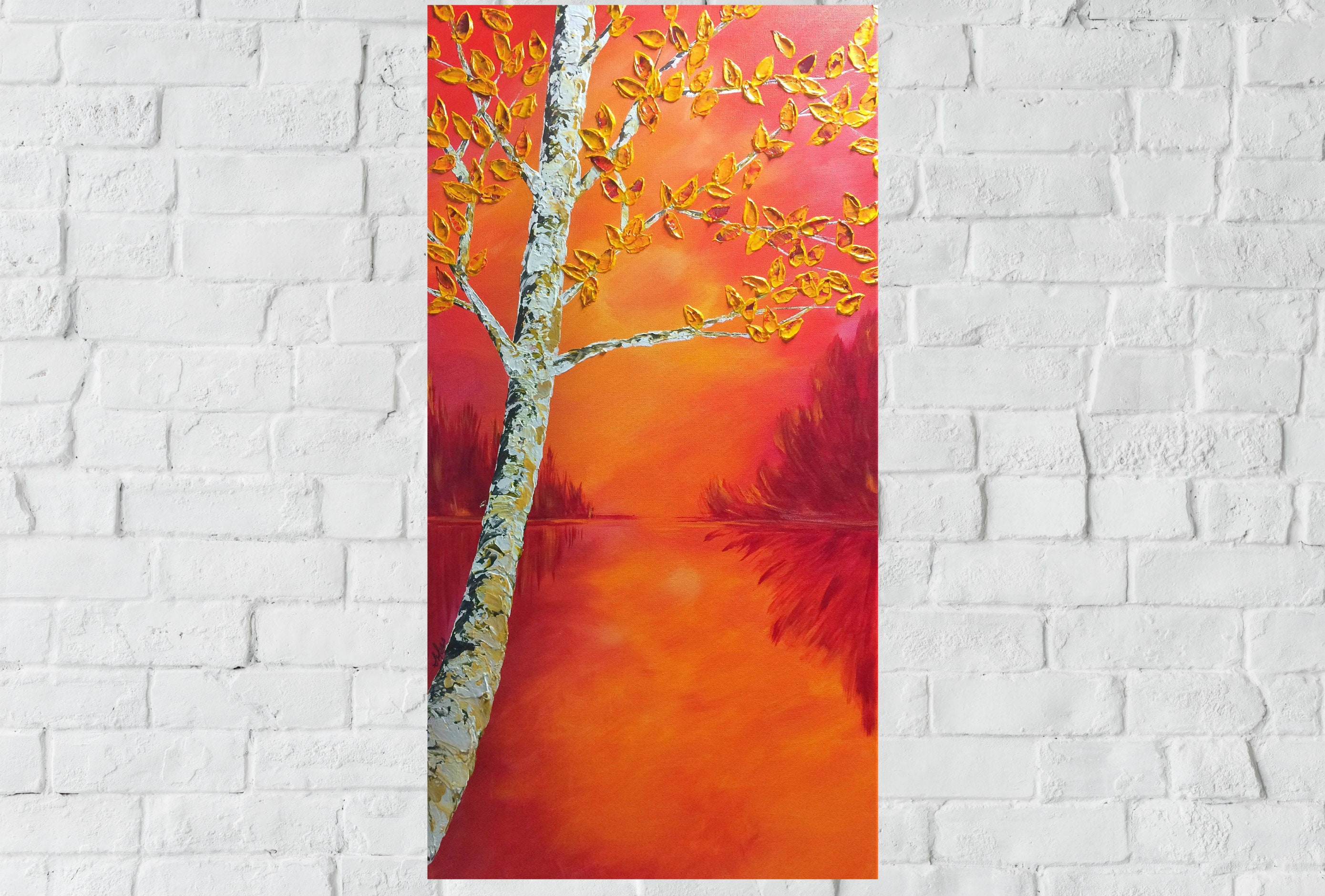 Original Birch Tree Painting on Canvas Sunset Painting Aspen | Etsy