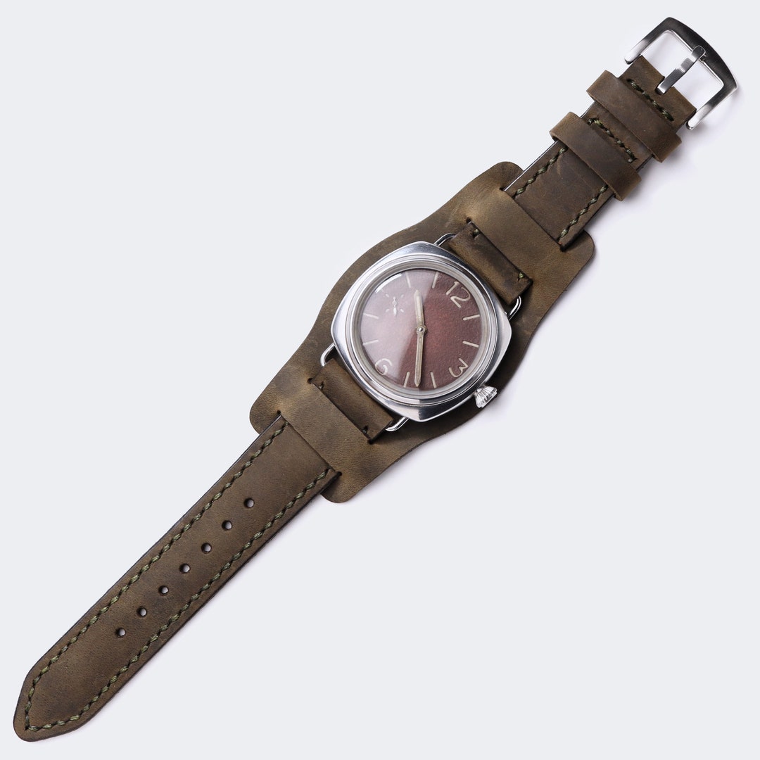 Custom-made Antique Green Leather Bund Watch Strap / Military Watch ...