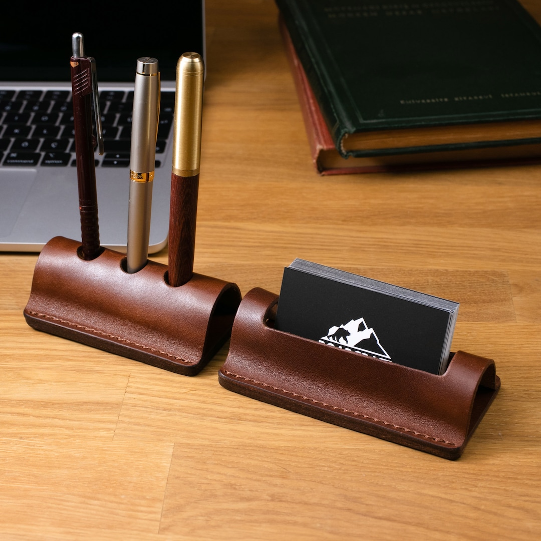Pen and Business Card Leather Stands - Set of 2 / Personalized Leather ...