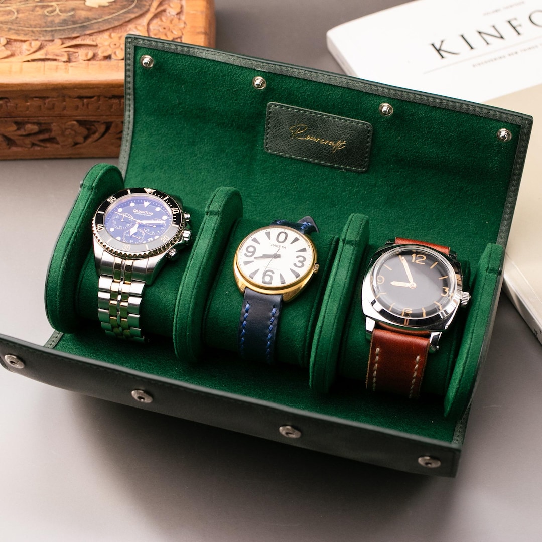 Emerald Leather Travel Watch Case for 3 / Triple Watch Roll / Travel ...