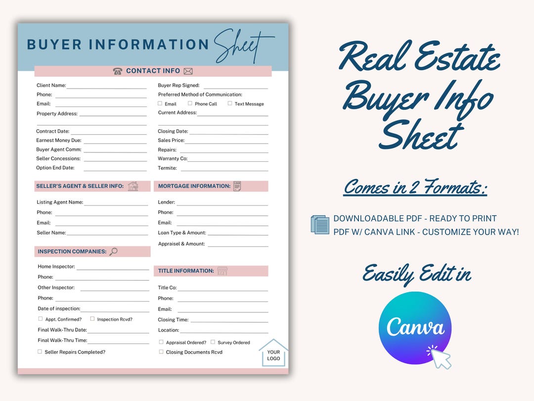 Real Estate Buyer Information Sheet: Agent Template (canva & PDF) - Etsy