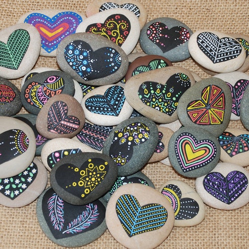 Painted Stones Heart Hand Painted Rocks Colorful Painted | Etsy