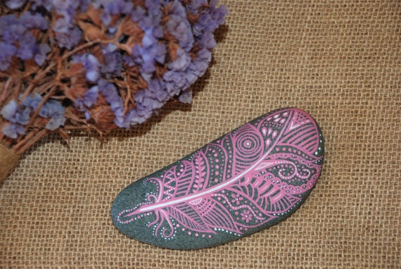 Painted Stone Feather hand painted rock pink painted | Etsy
