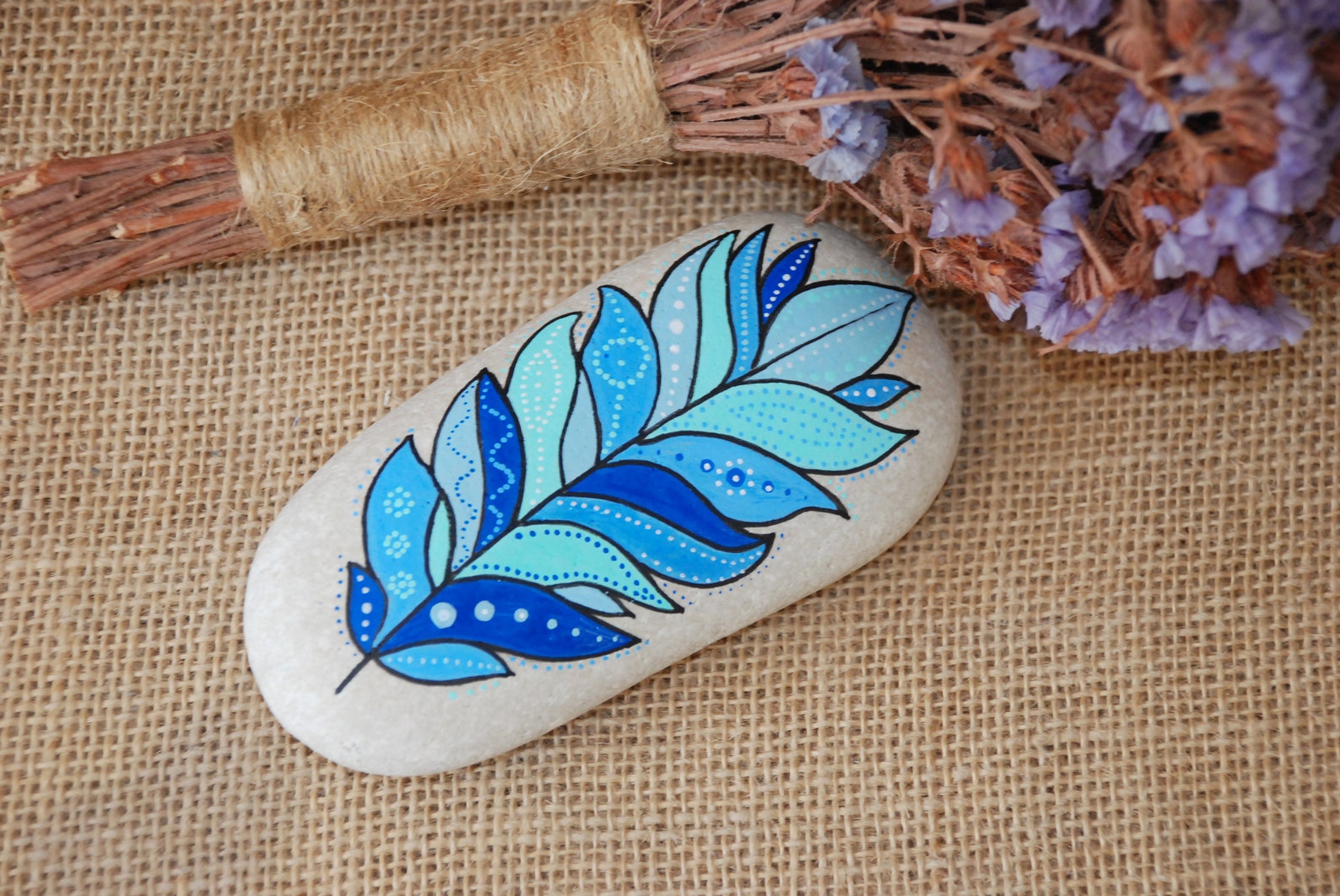 Painted Stone Blue Feather Hand Painted Rock Blue Feather - Etsy