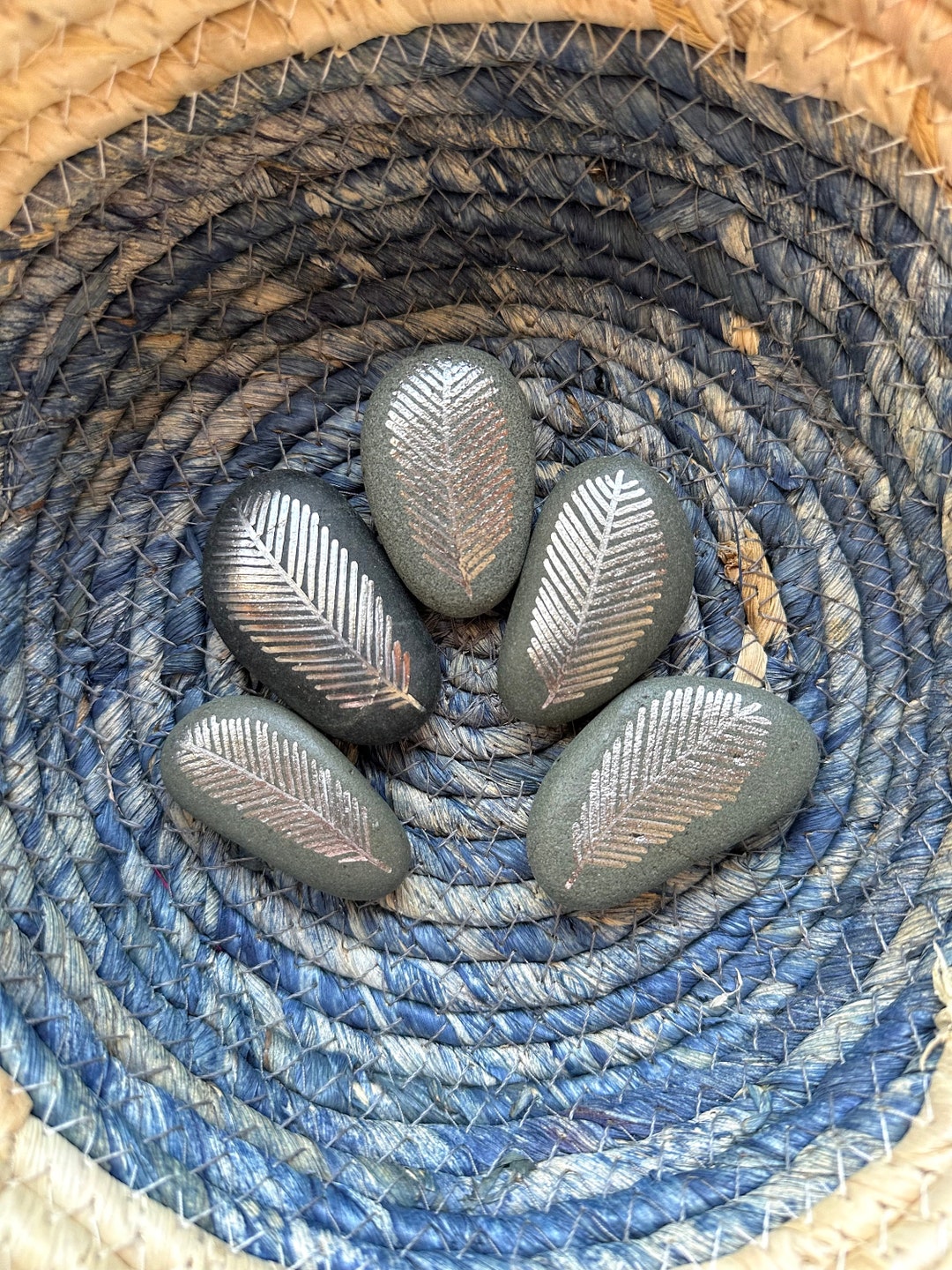 5 Hand Painted Stones, Silver Feathers Nature Design Pebble, Original ...