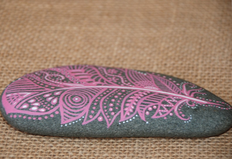 Painted Stone Feather hand painted rock pink painted | Etsy