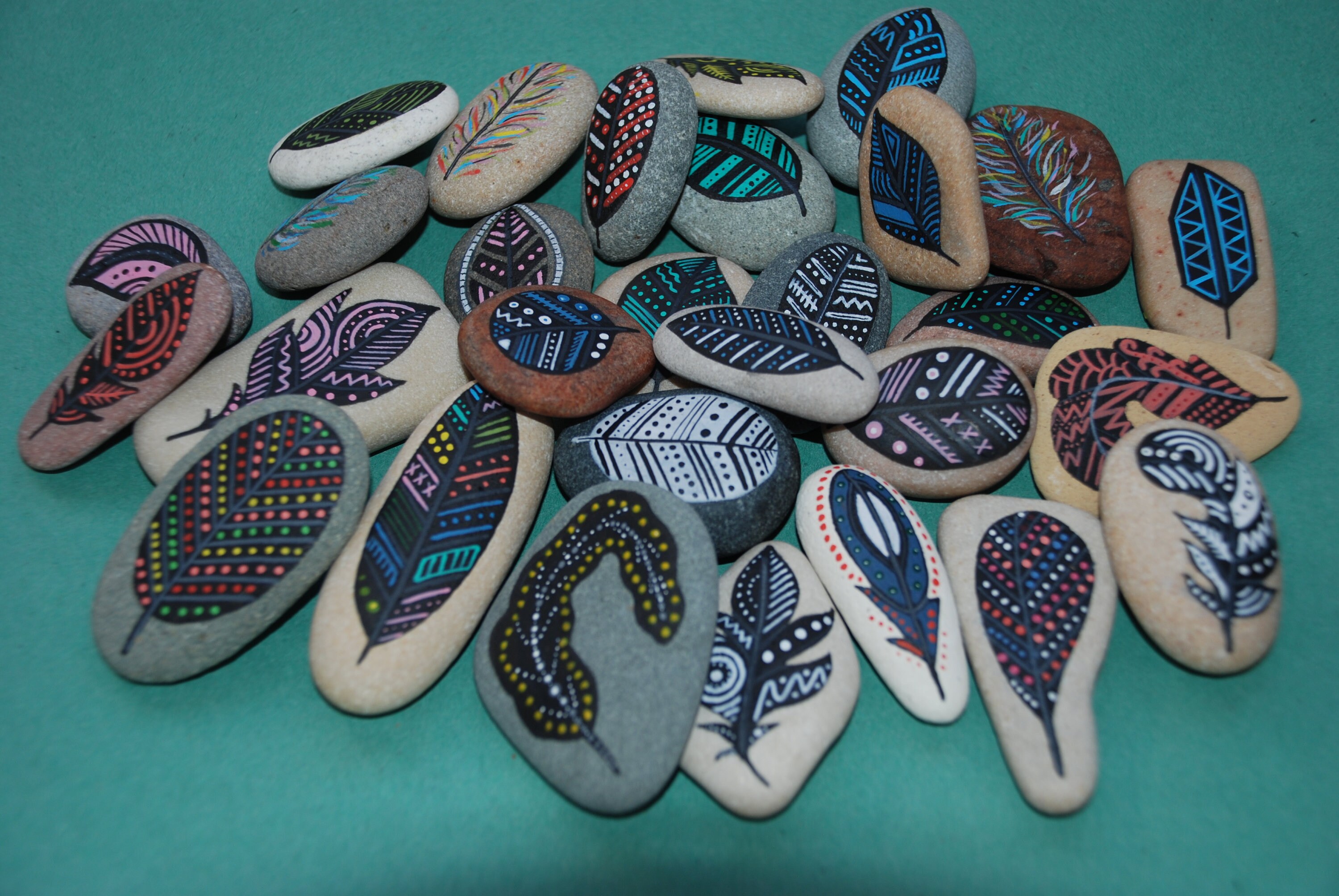 Painted Stones Feather hand painted rocks colorful painted | Etsy