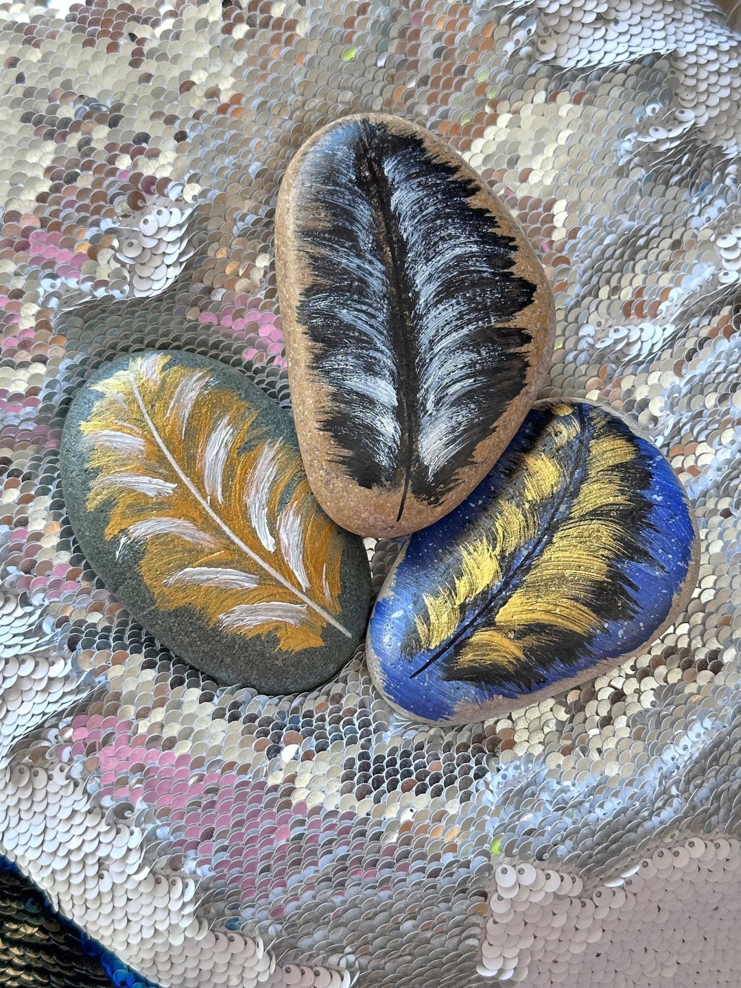 Feather Painted Stone Hand Painted Rock, Black White Gold Painted ...