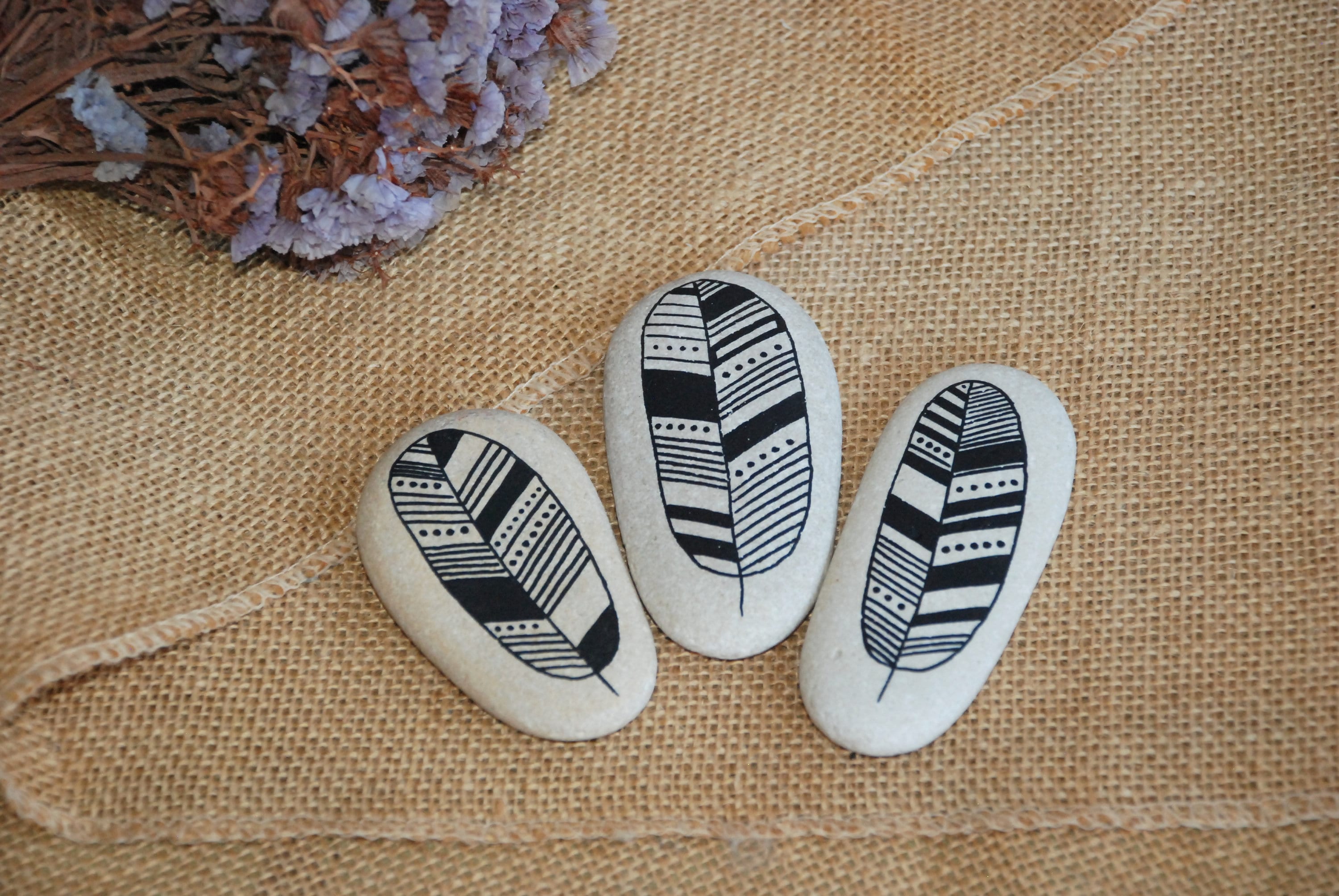 Set of 3 Painted Stones Feather Hand Painted Rocks Gray and | Etsy