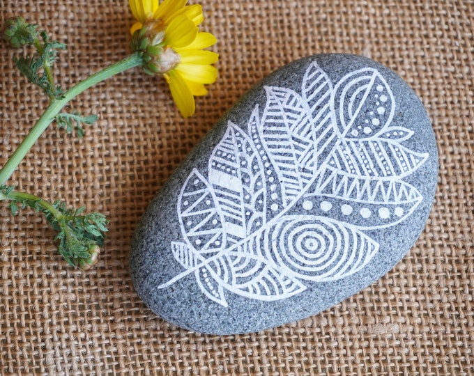 Painted Stone Feather, Hand Painted Rock, Black and White Painted ...