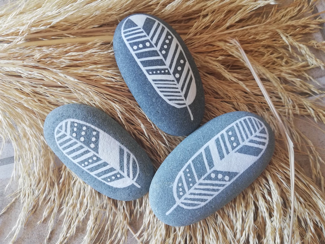 Set of 3 Painted Stones Feather Hand Painted Rocks Gray and - Etsy