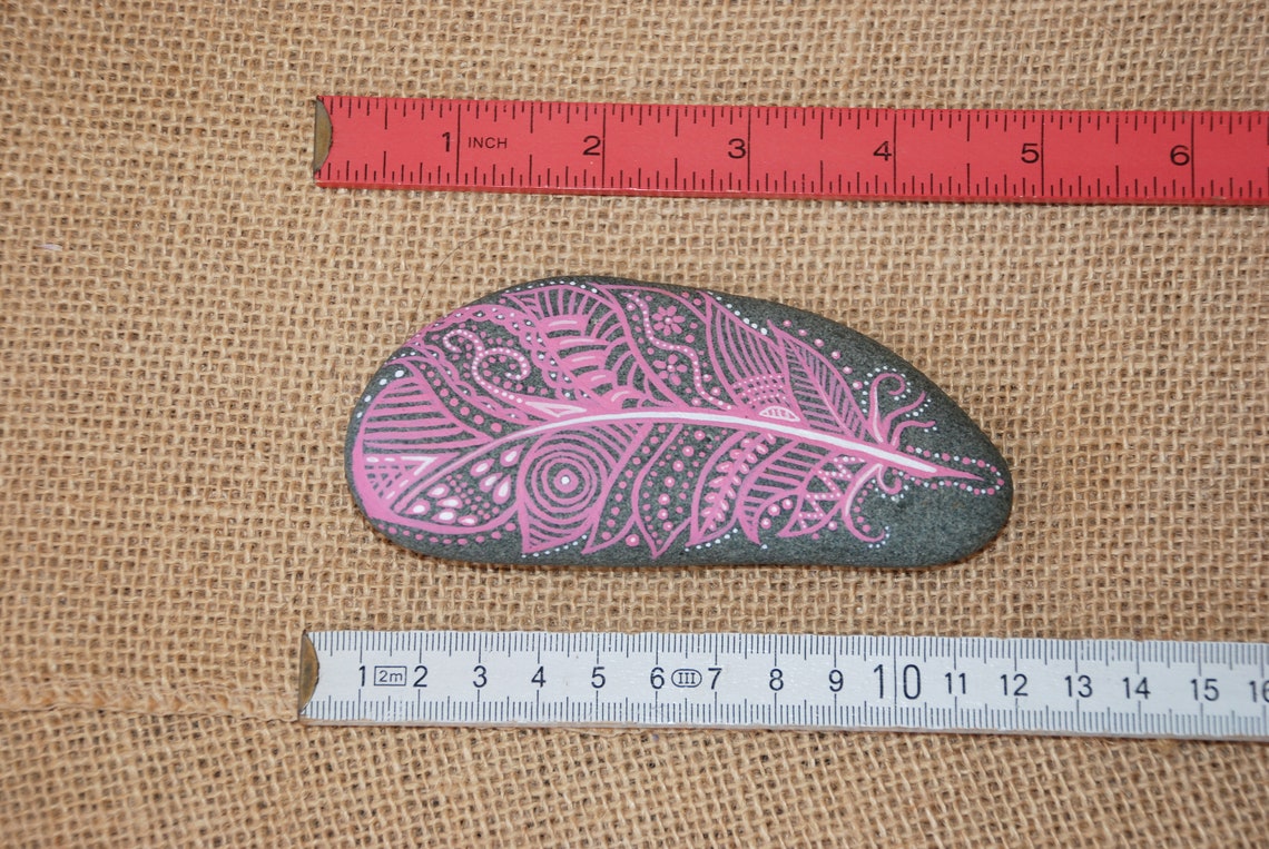 Painted Stone Feather hand painted rock pink painted | Etsy