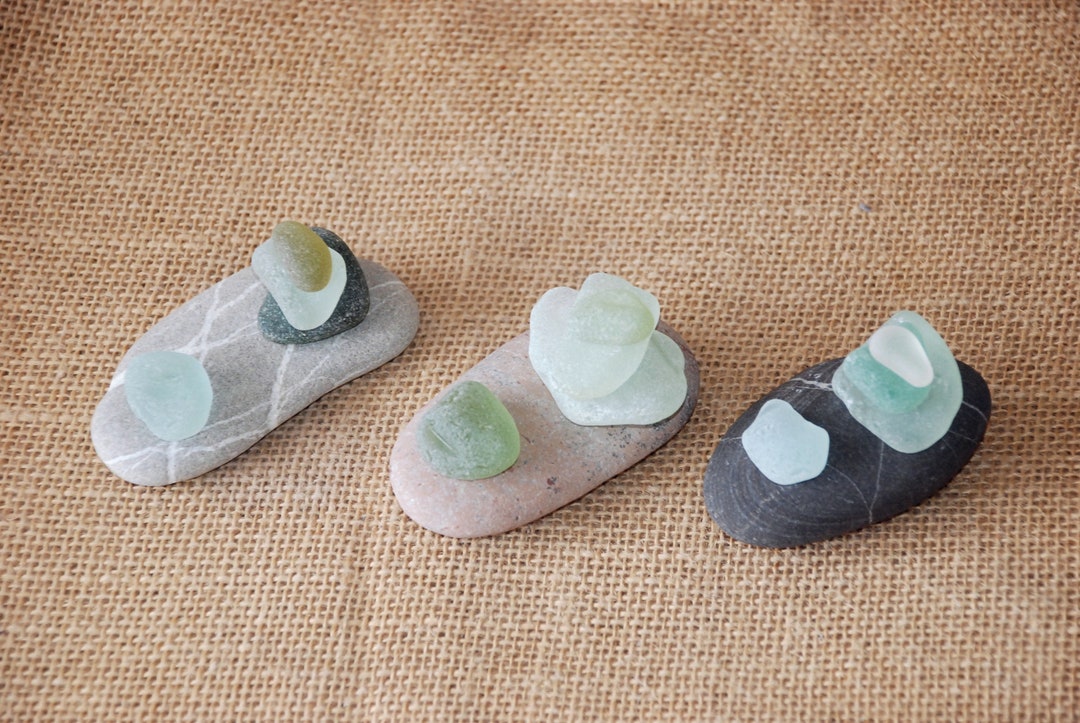 Pebble & Sea Glass Balancing Sculpture Genuine Sea Glass Cairn, Zen ...