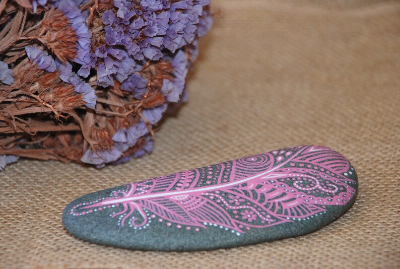 Painted Stone Feather hand painted rock pink painted | Etsy