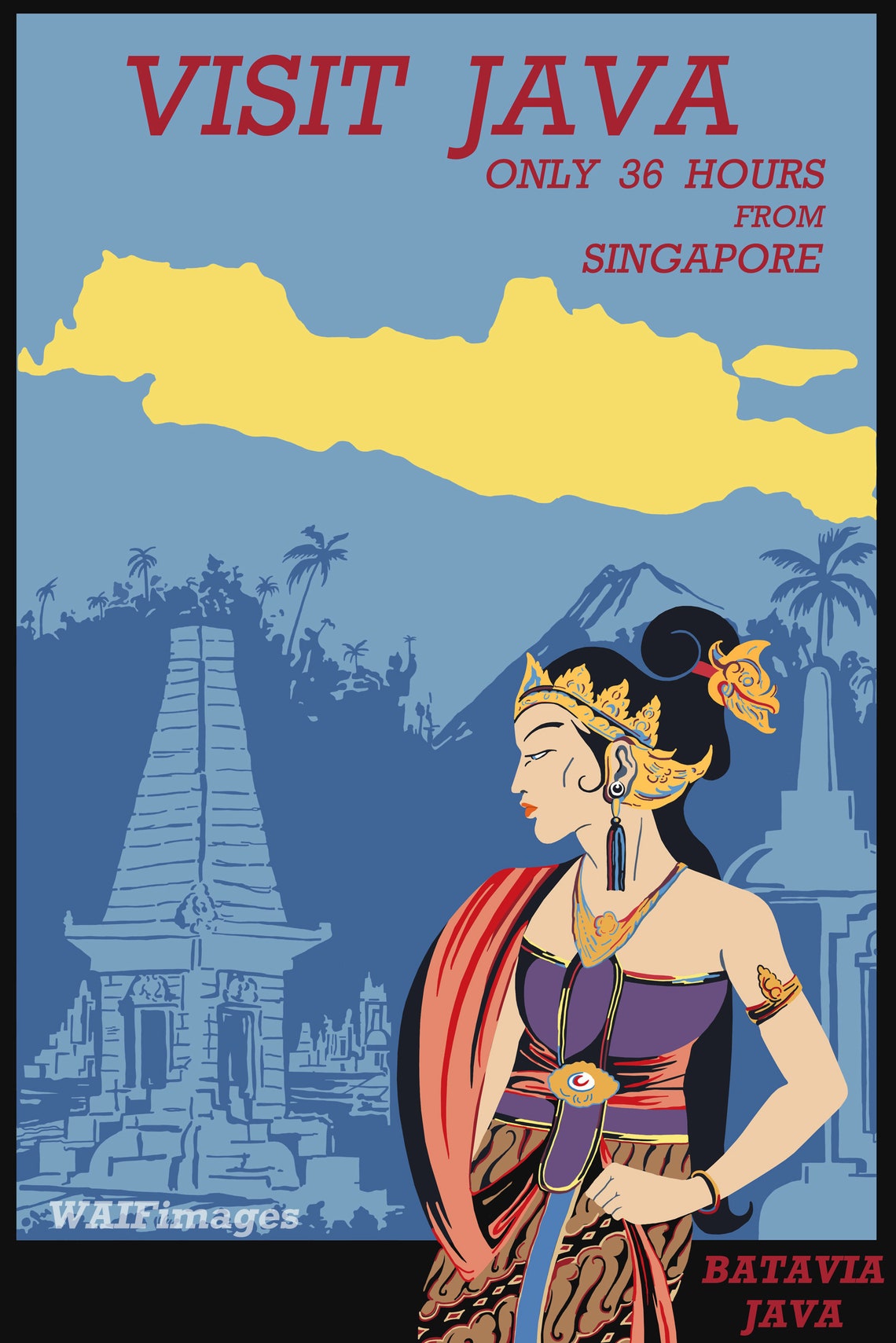 Visit Java Vintage Travel Poster From the 1930s - an Evocative Image ...