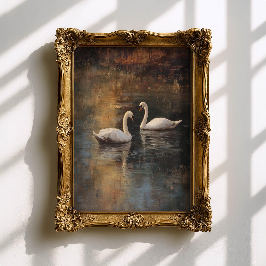 Two Swans on a Lake Oil Painting Print, Romantic Nature Wall Art ...
