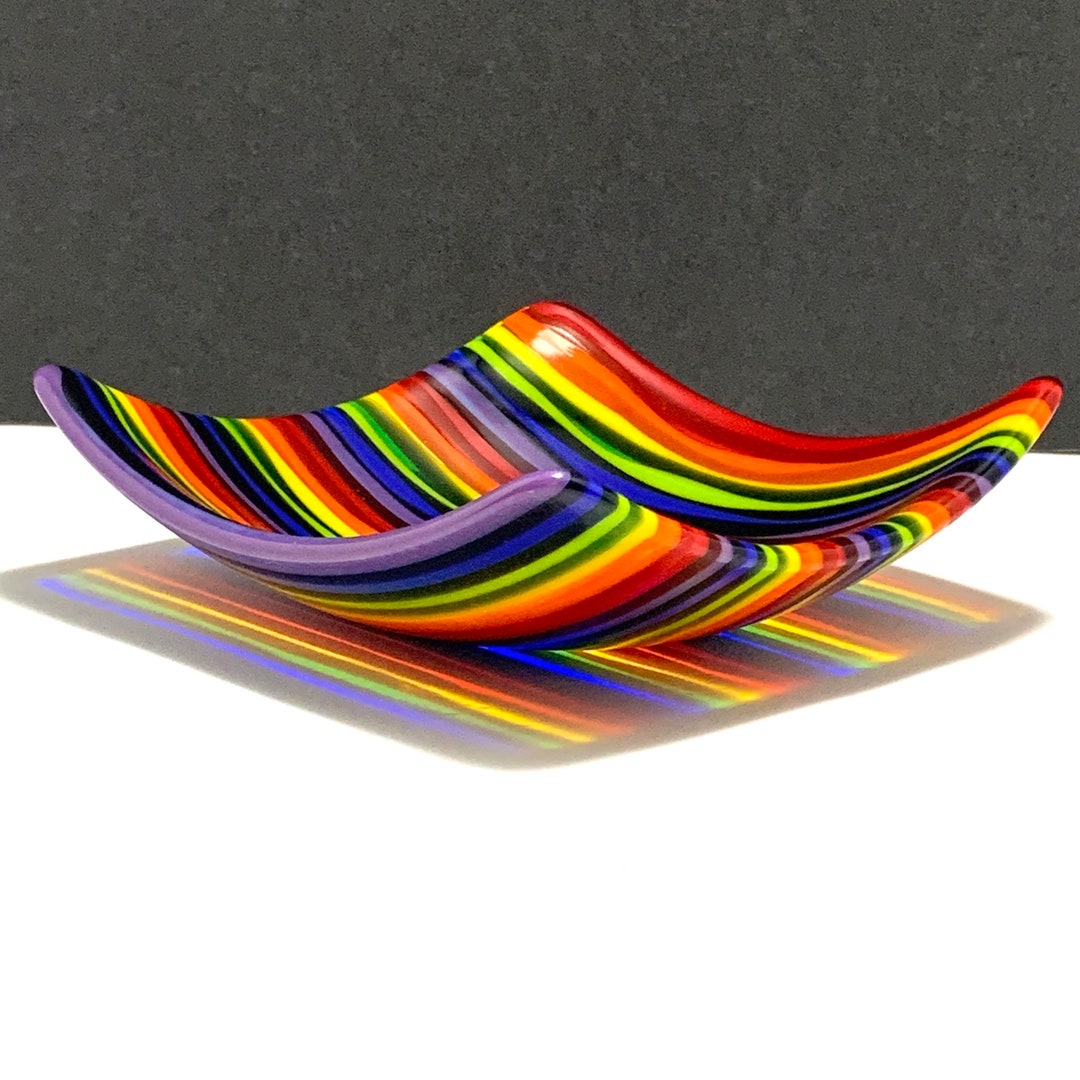 Rainbow Striped Fused Glass Plate, Multi-color Glass Dish, Wavy Stripes ...