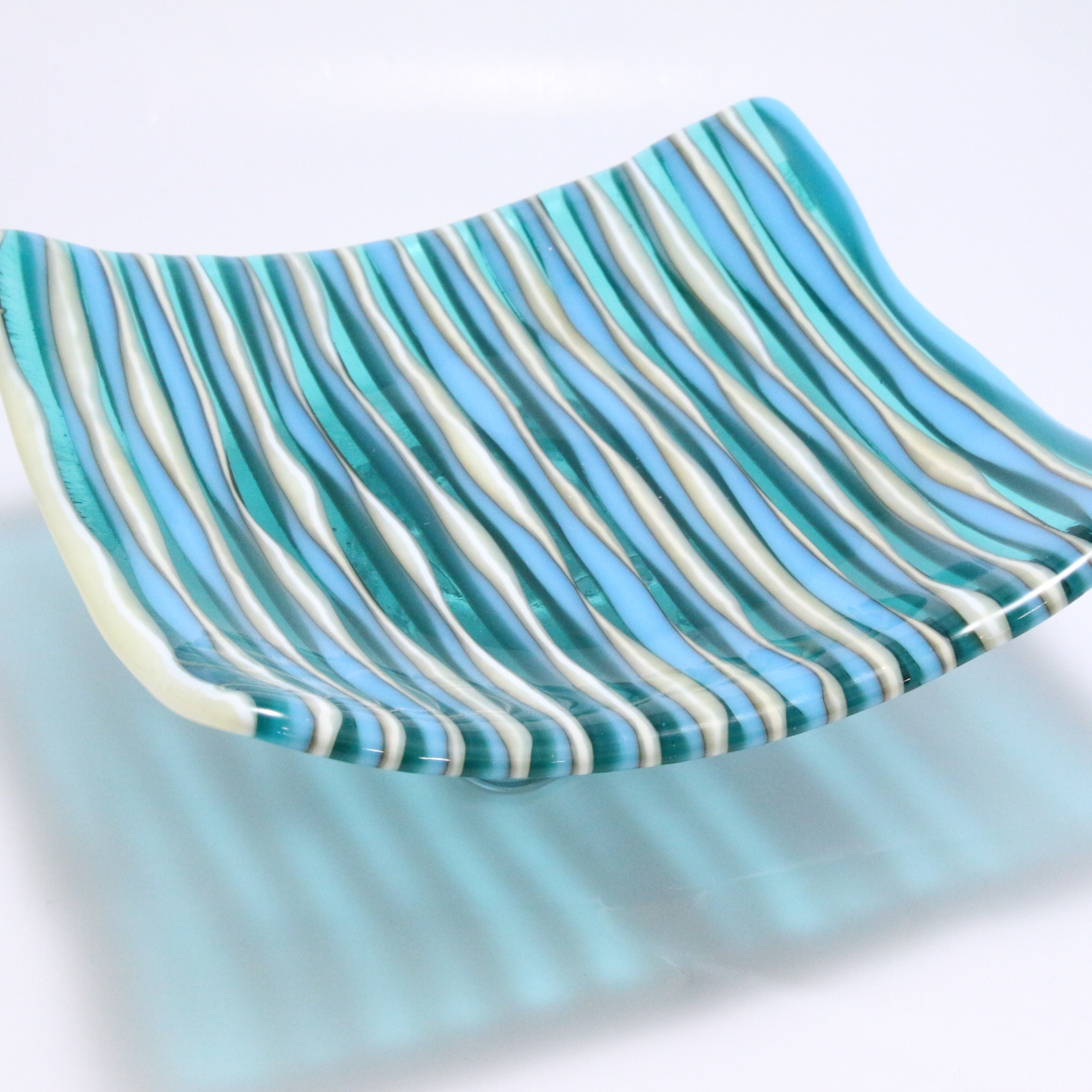 Turquoise and Vanilla Striped Fused Glass Plate, Seaside Glass Dish ...