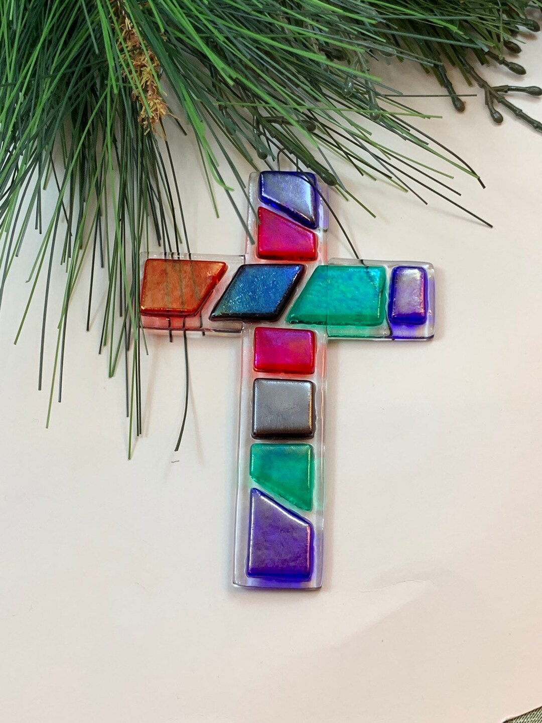 Mosaic Glass Cross Suncatcher, Cross Christmas Ornament, Fused Glass ...