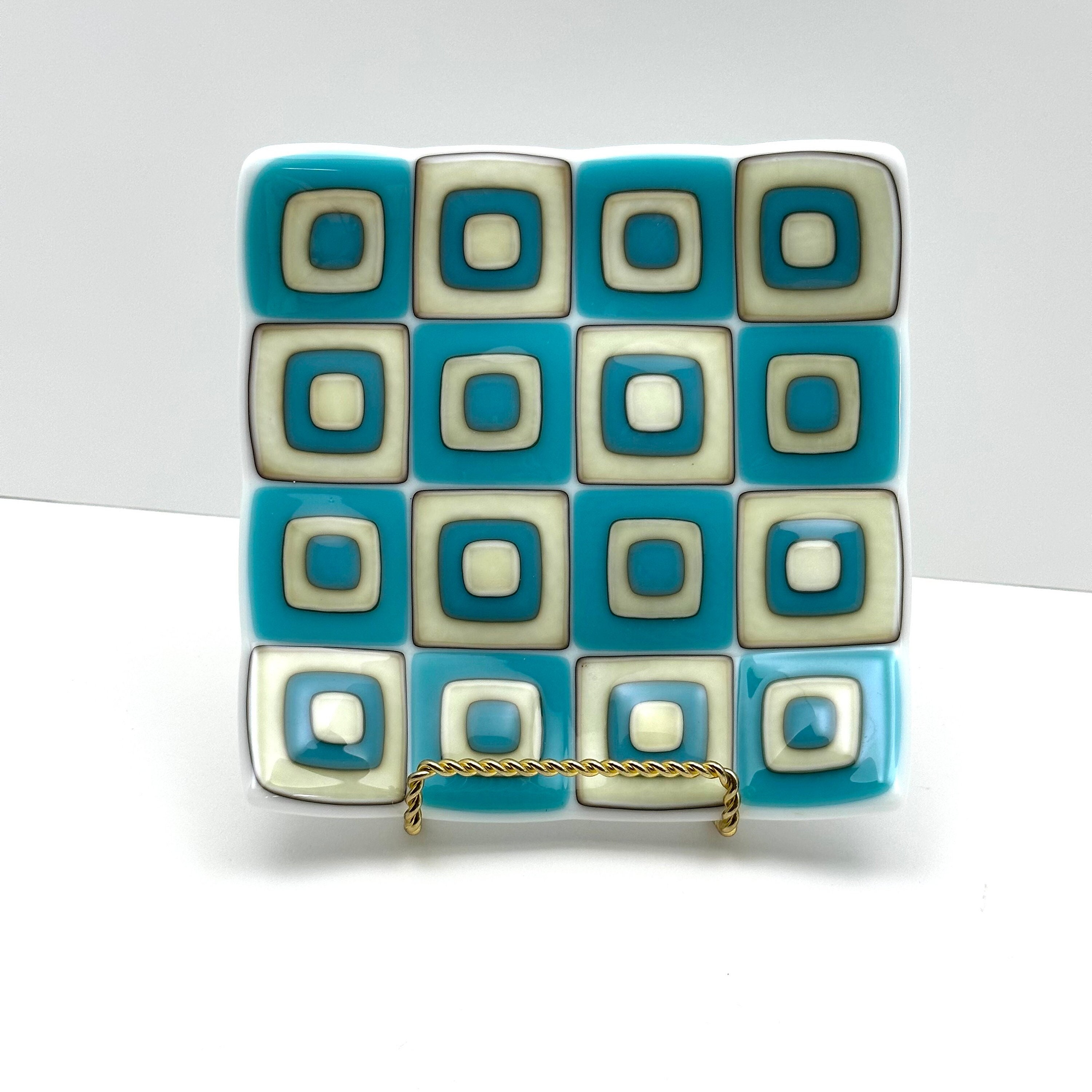 Fused Glass Turquoise and Vanilla Art Plate, Cream and Blue Modern ...