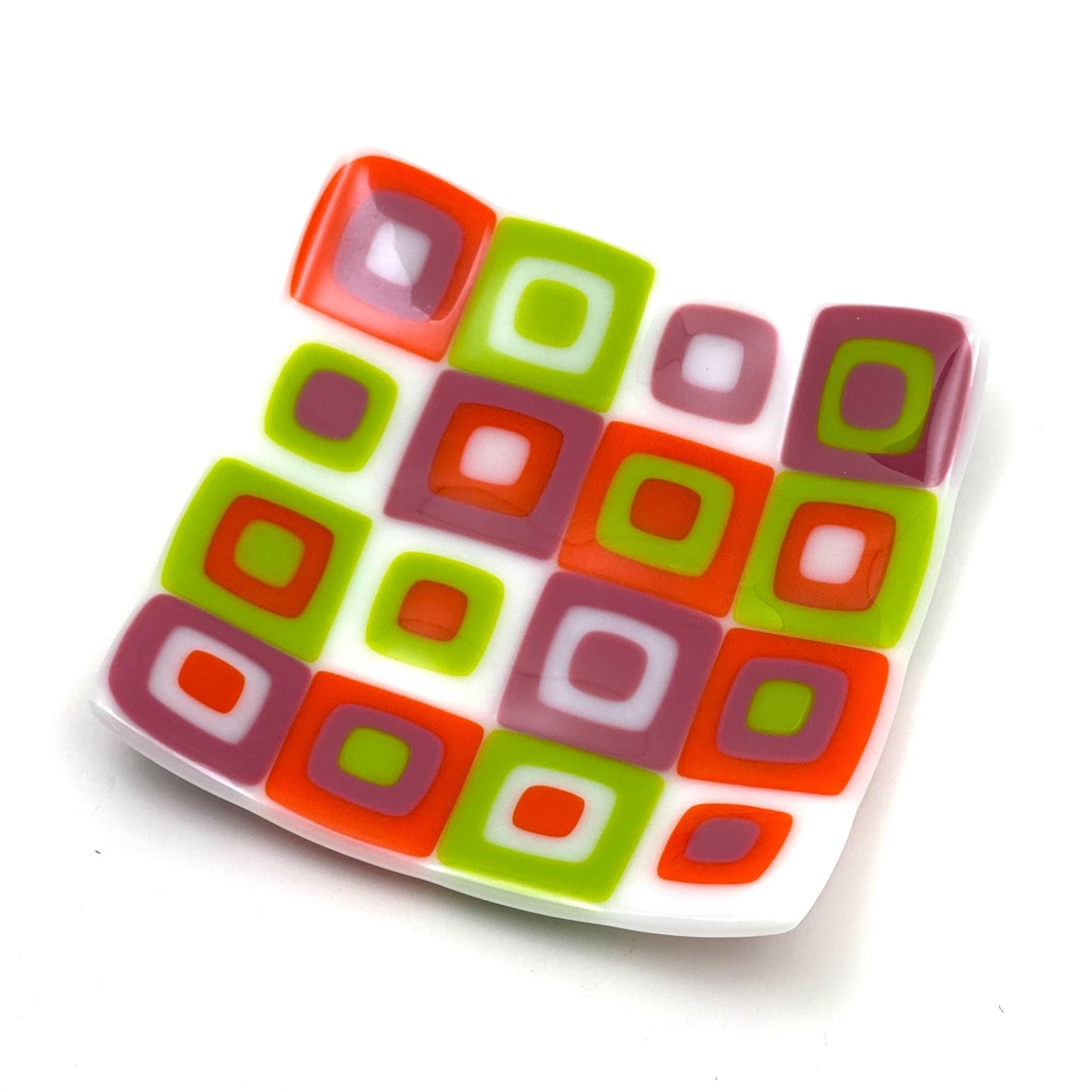 Fused Glass Retro Plate, Modern Art Deco Candy Trinket Dish, Retro Pink ...