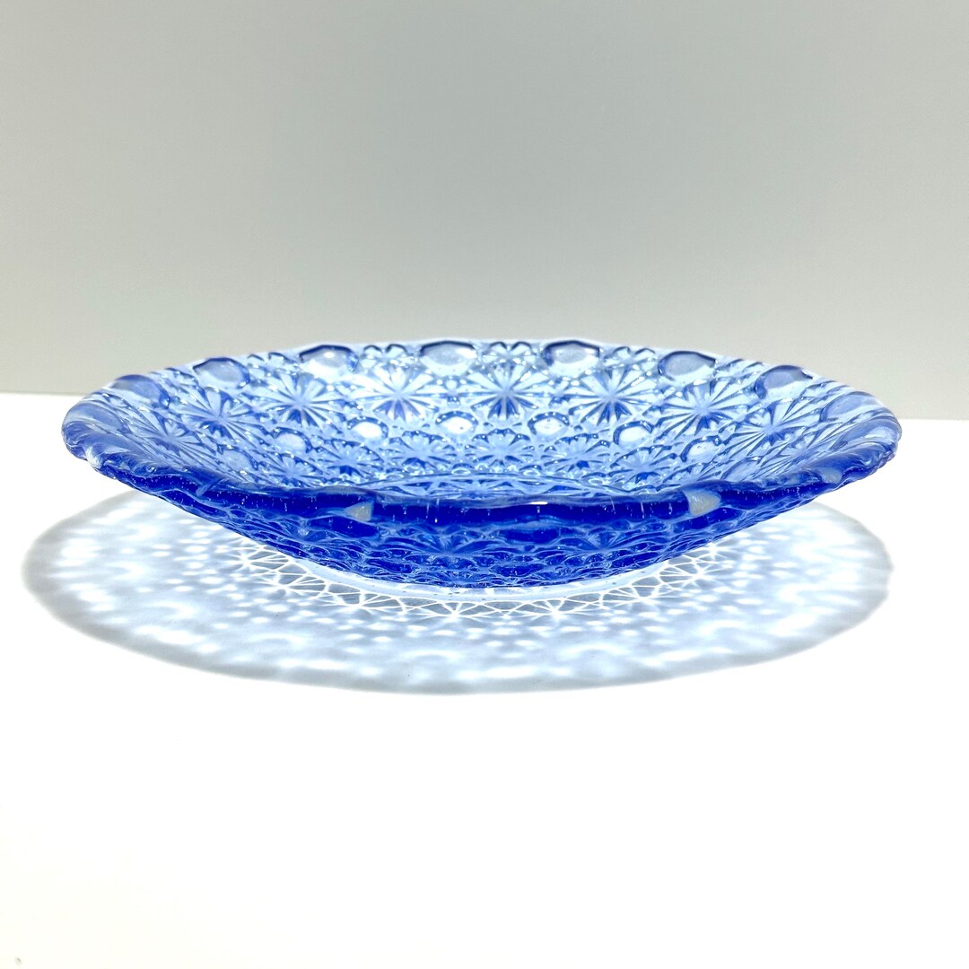 Sapphire Blue Cut Glass Style Fused Glass Bowl, Pressed Glass Look ...