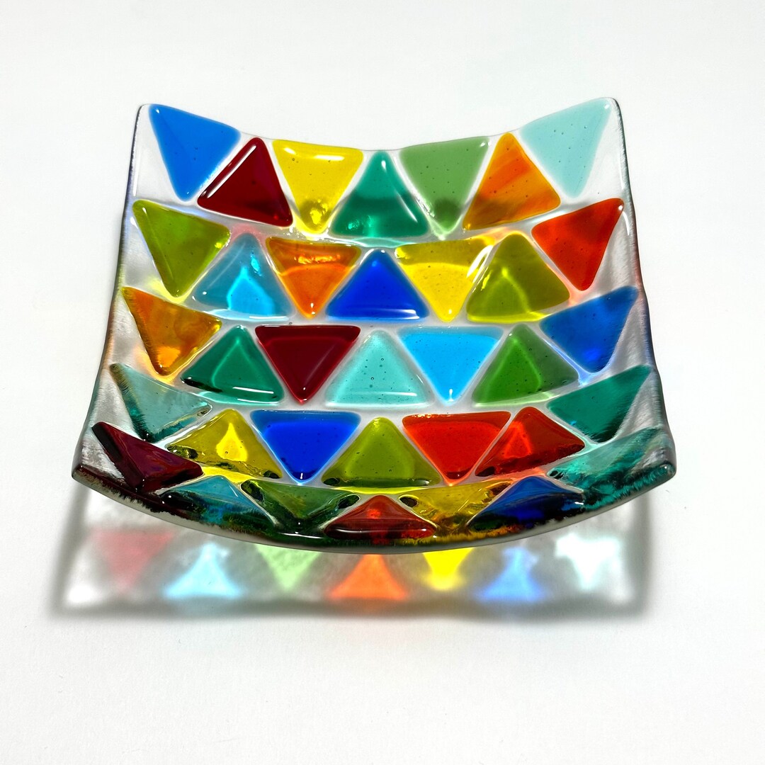 Rainbow Triangles Fused Glass Plate, Rainbow Colors Fused Glass Art ...