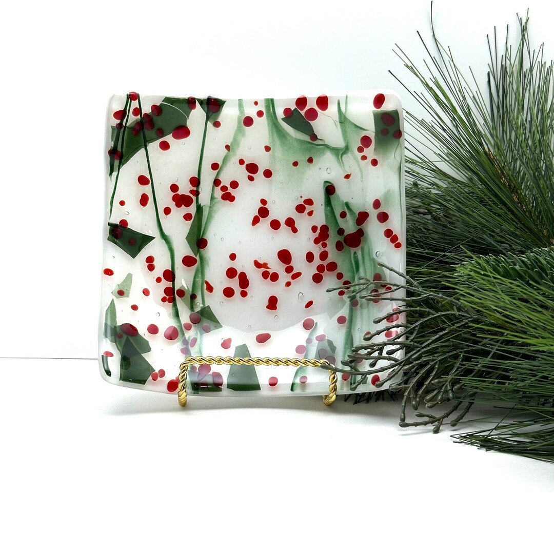Christmas Holly Berry Plate, Fused Glass Candy Dish, Candle Plate ...