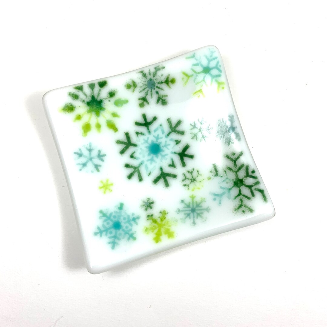 Fused Glass Snowflake Plate, Blue Green Christmas Dish, Turquoise and ...