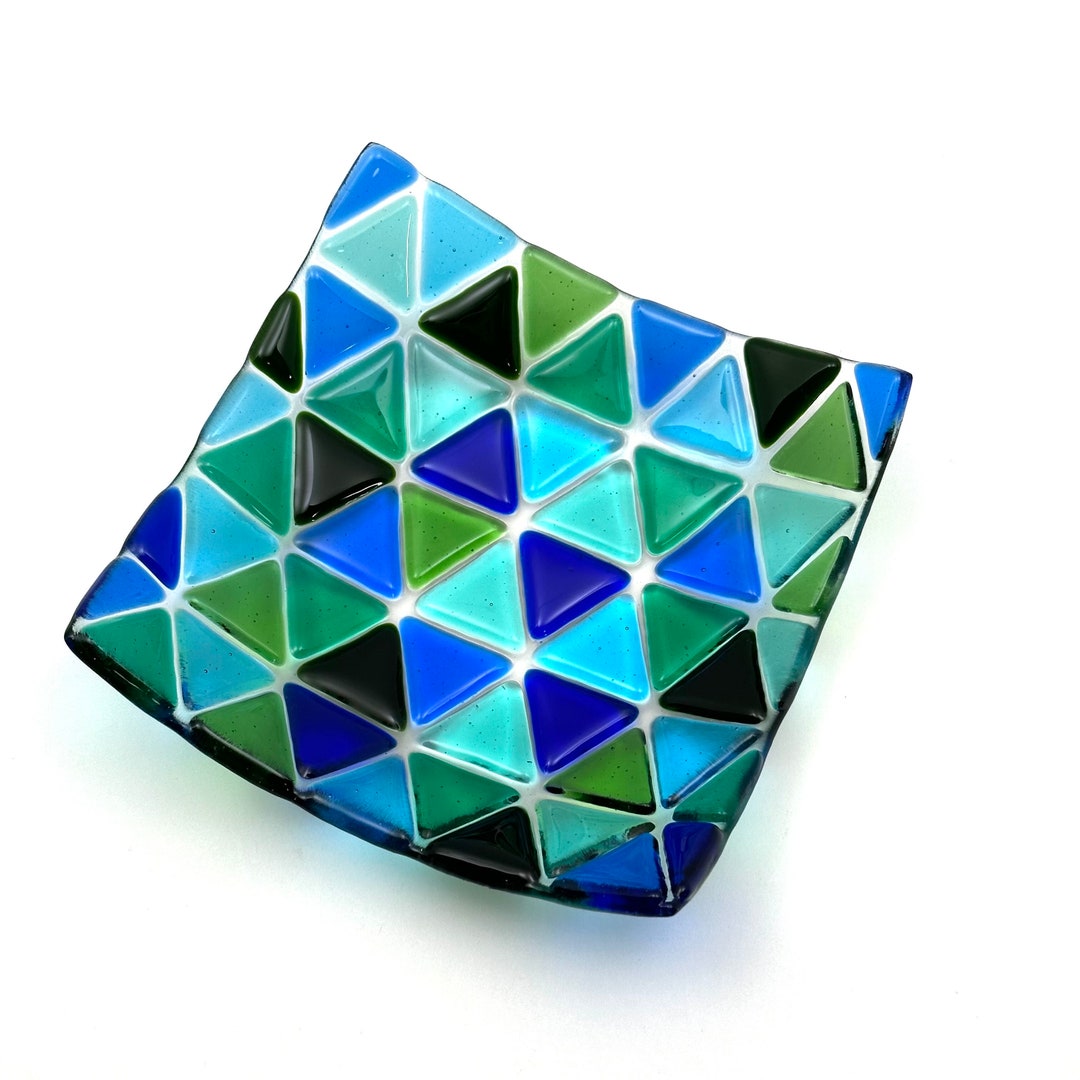 Seaside Triangles Fused Glass Plate, Blue, Green Fused Glass Art Bowl ...