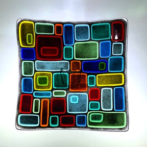Neon Rainbow Fused Glass Plate, Fused Glass Art Plate, Black, Rainbow ...