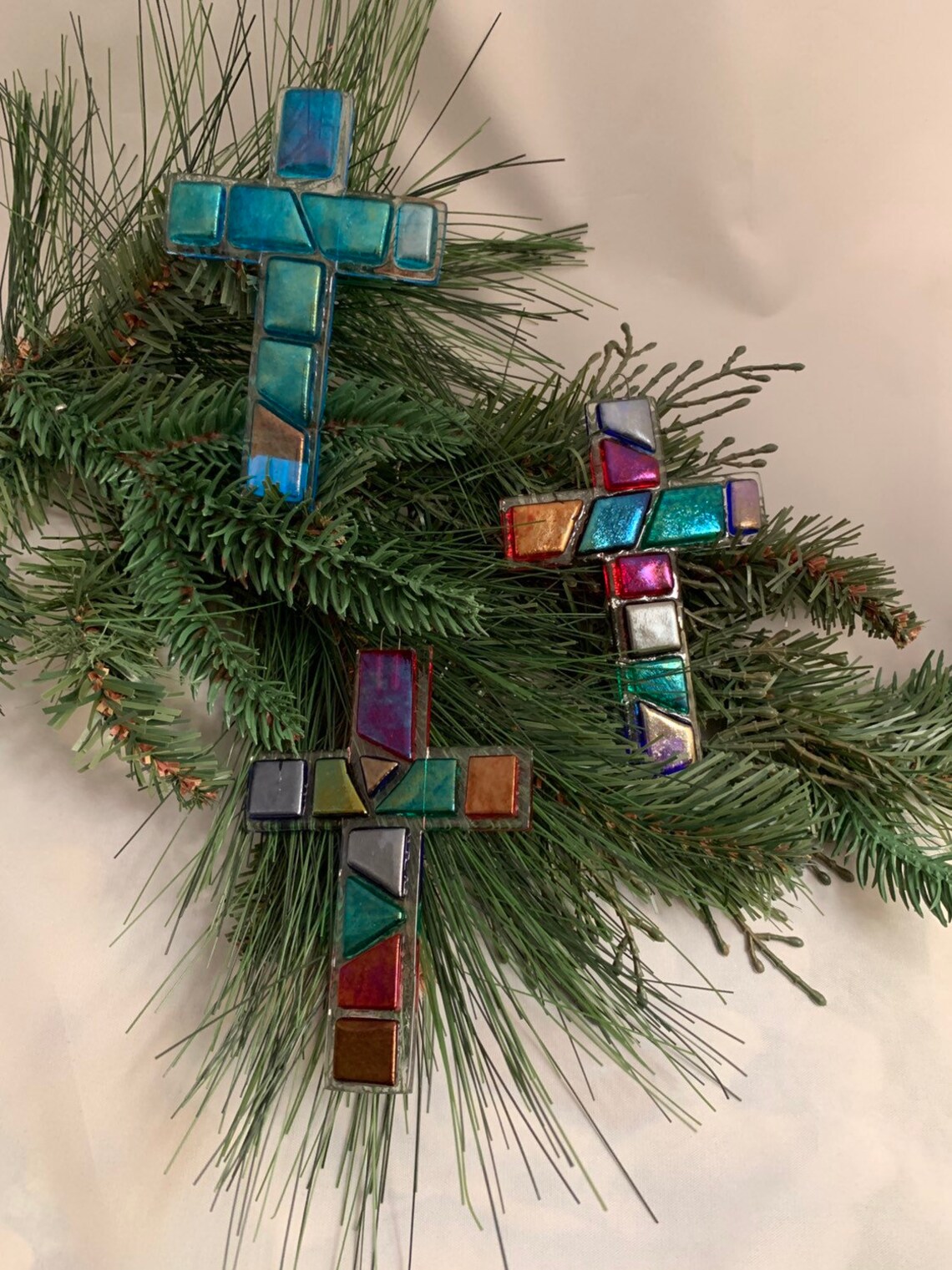 Mosaic Glass Cross Suncatcher, Cross Christmas Ornament, Fused Glass ...