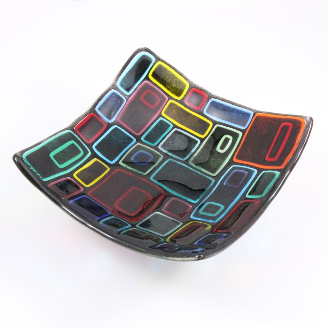 Neon Rainbow Fused Glass Plate, Fused Glass Art Plate, Black, Rainbow ...