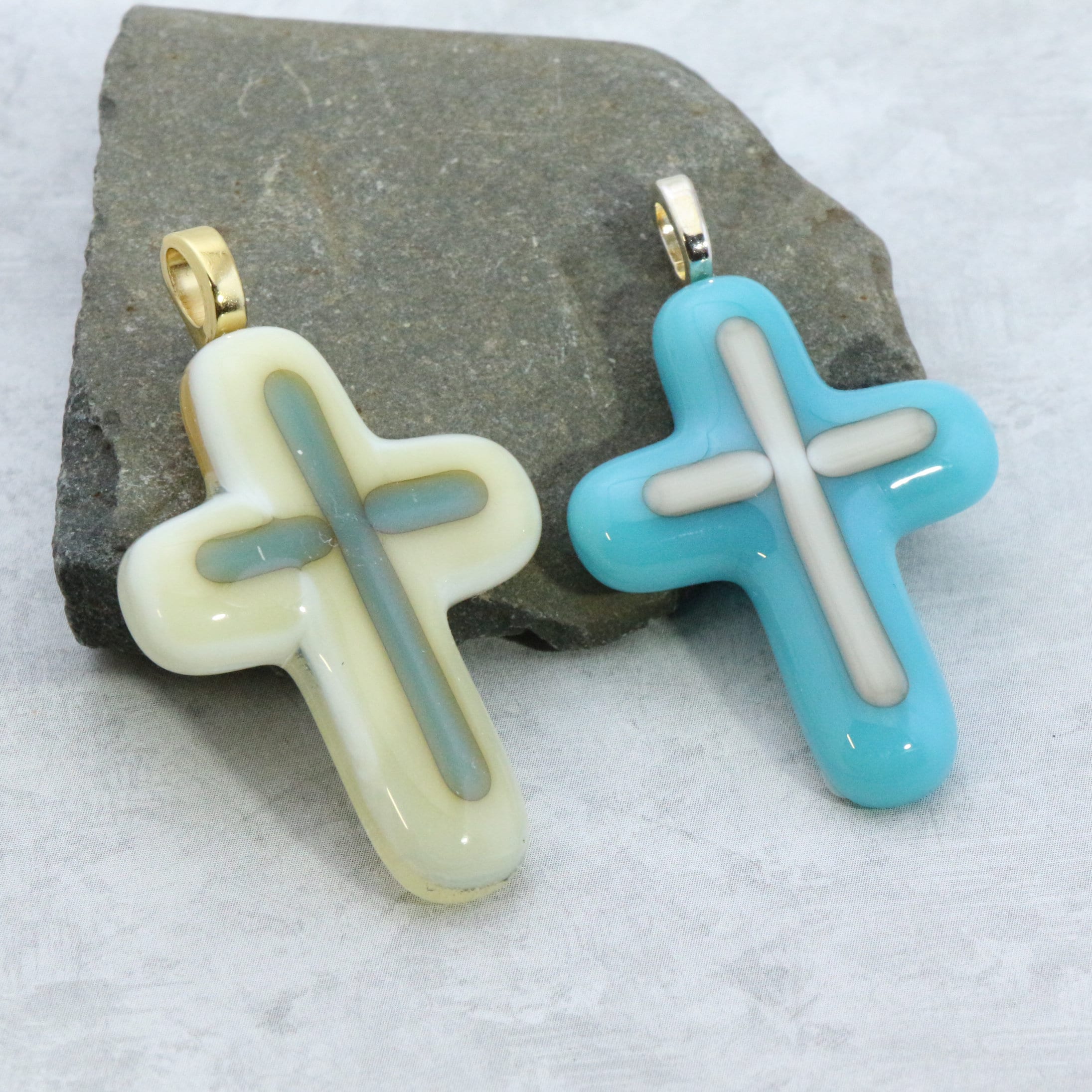 Fused Glass Cross Necklace, Reactive Cross Pendant, Turquoise and ...
