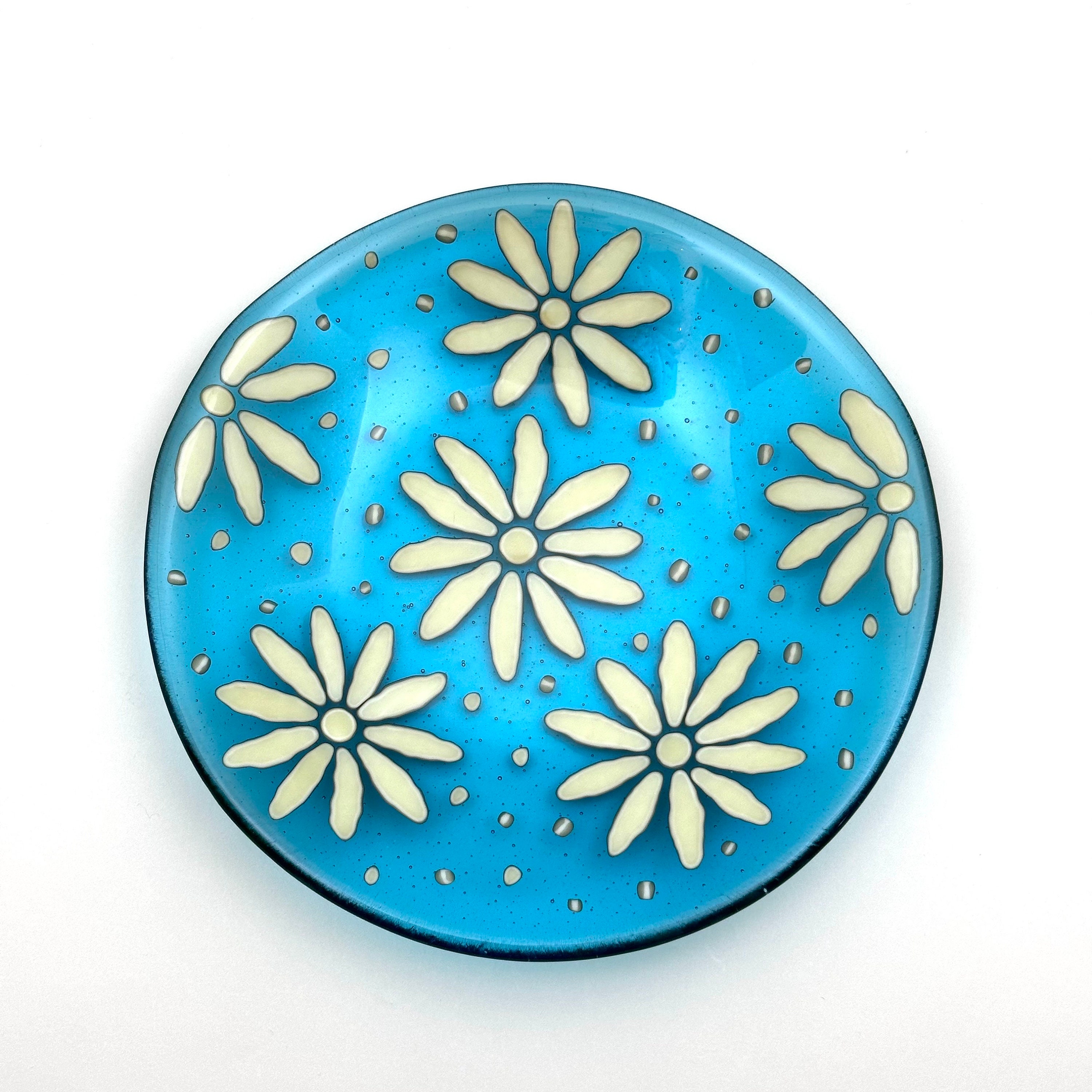 Fused Glass Daisy Bowl, Turquoise and Vanilla Floral Dish, Daisy Fused ...