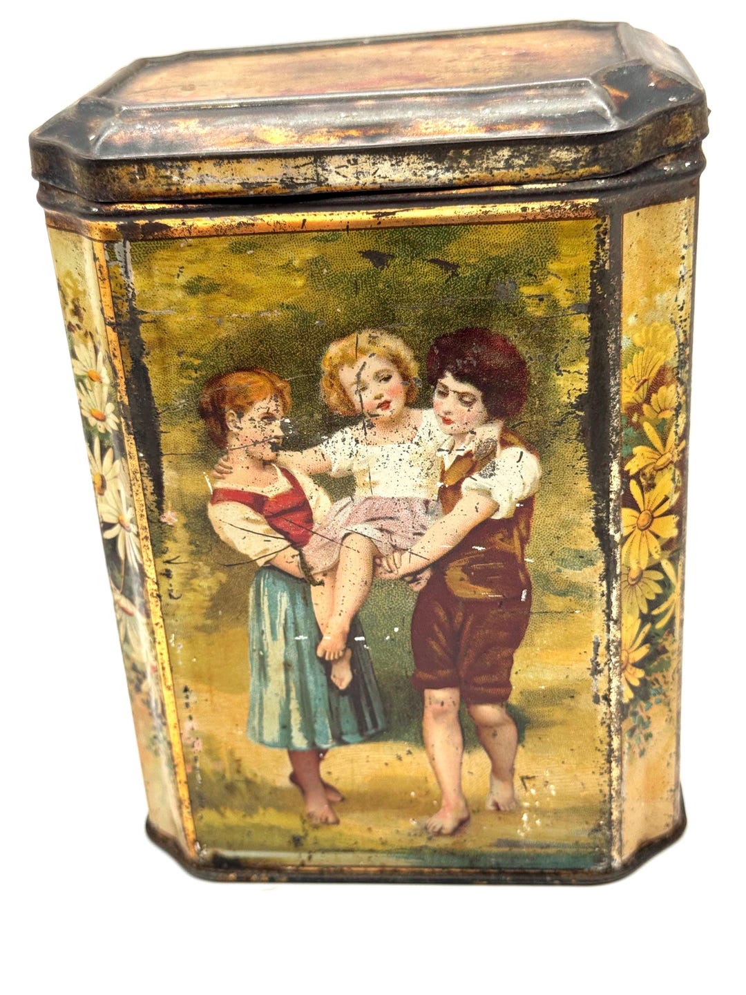 Antique Early 1900s Victorian Lithograph Tin With Children Artwork and ...