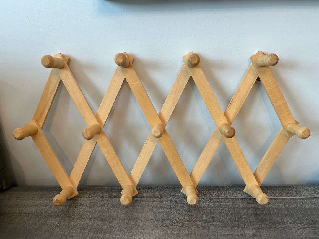 Vintage Accordion Expandable Wood Rack 13 Knobs Sturdy. Hangers Set for ...