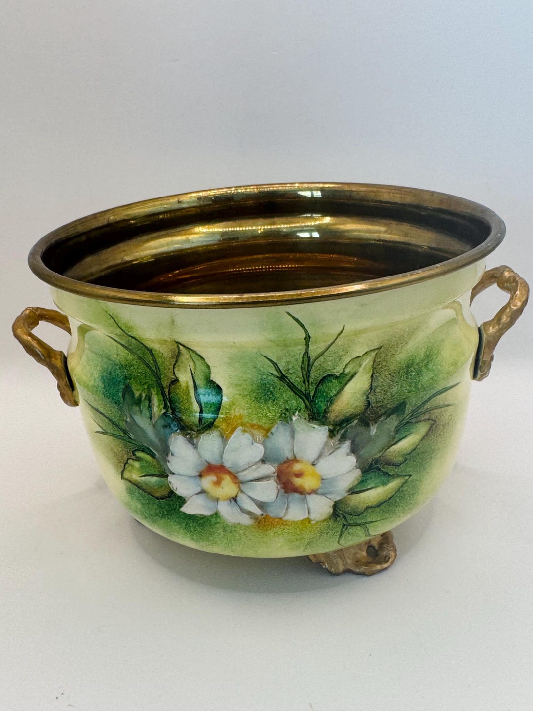 Vintage Hand-painted Brass Footed Planter | Floral Cottagecore Cachepot ...