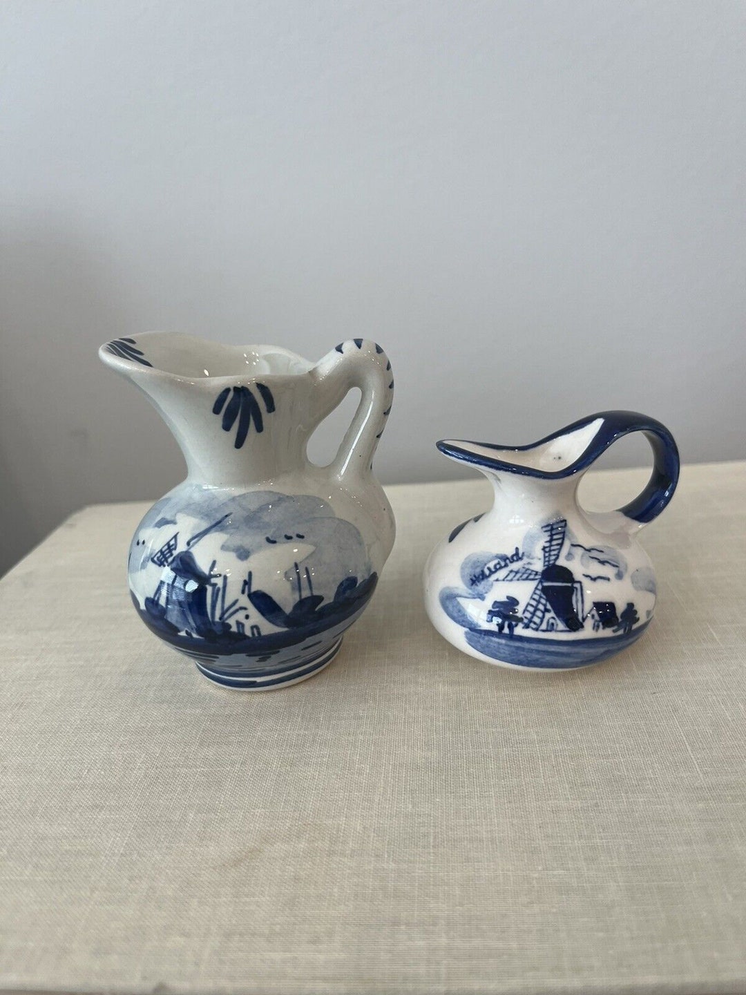 Two Vintage Delft Creamers Holland Mini Pitchers Blue White With ...