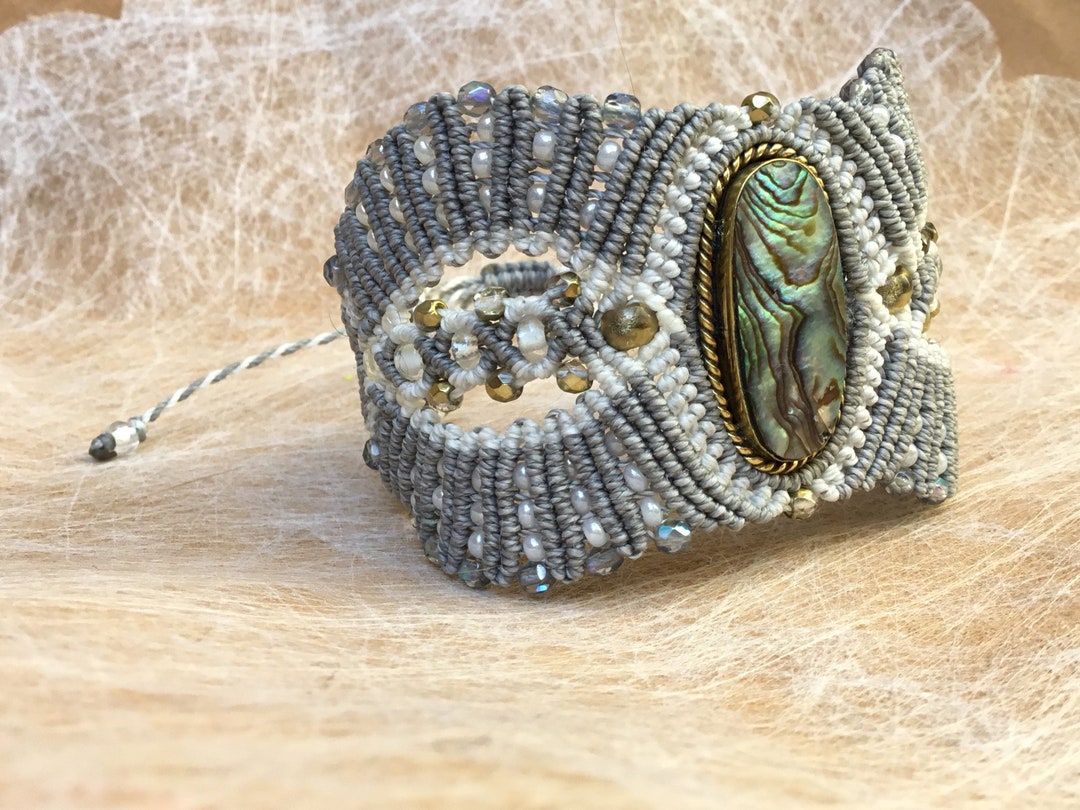 ALICE Natural Abalone Mother-of-pearl Macramé Cuff Bracelet and Pearls ...