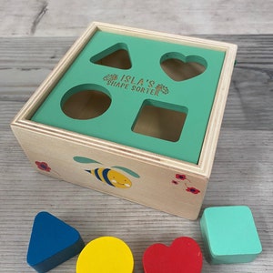 Personalised Wooden Shape Sorter Cube Forest and Field Animals Wooden ...