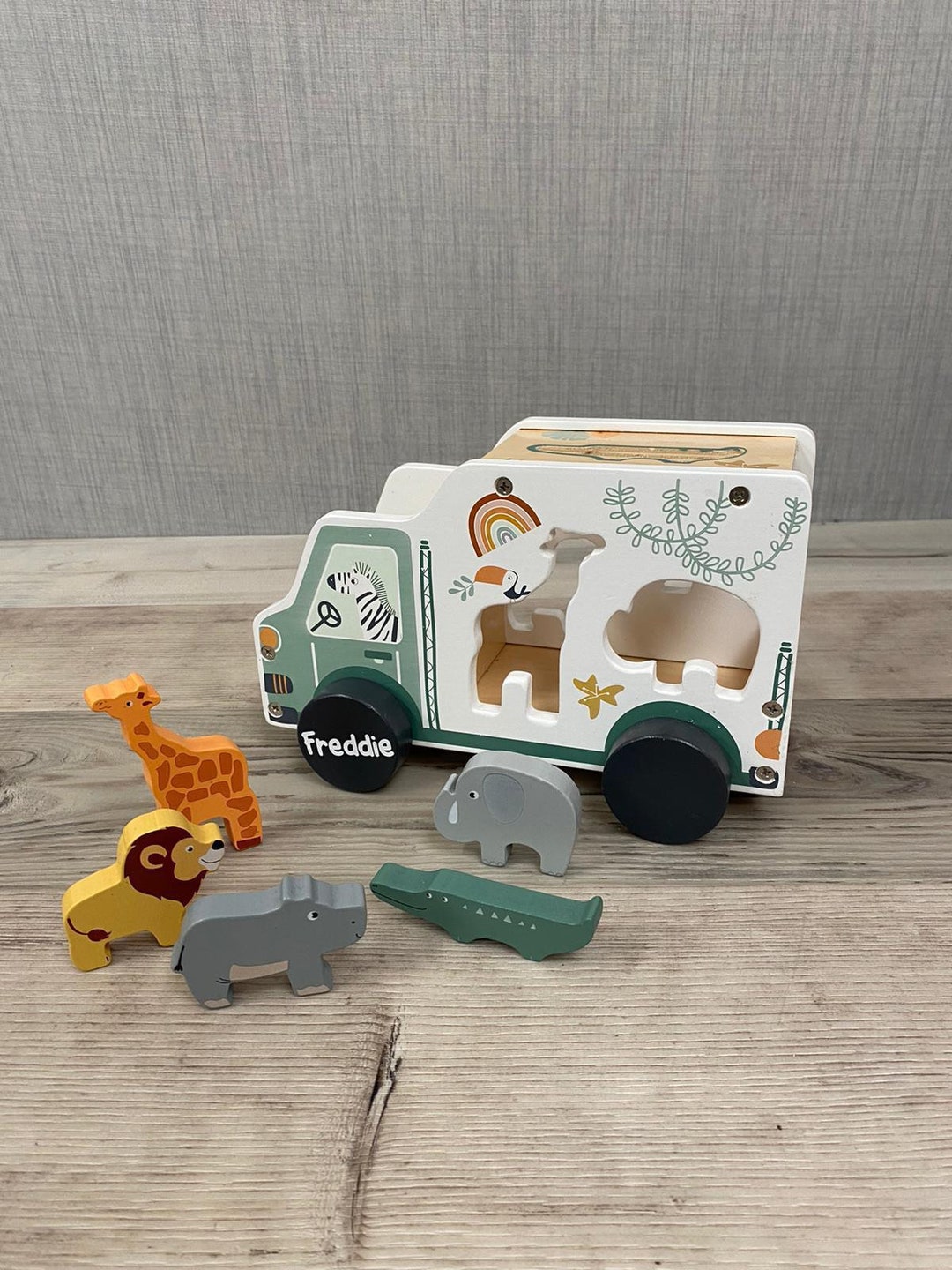 Personalised Safari Animals Shape Sorter and Truck - Wooden Toys ...