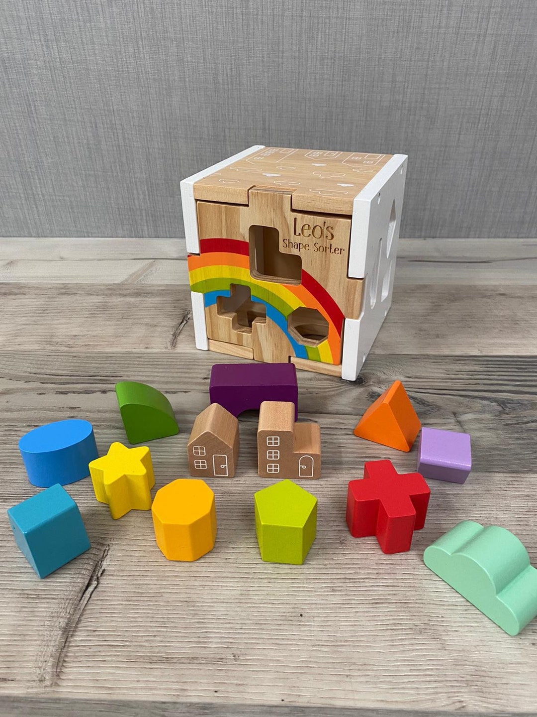 Personalised Wooden Rainbow Shape Sorter Cube - Wooden Toy - Learning ...