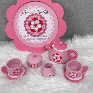 Personalised Wooden Pink Tea Play Set | Tea for Two | Wooden Toy With ...
