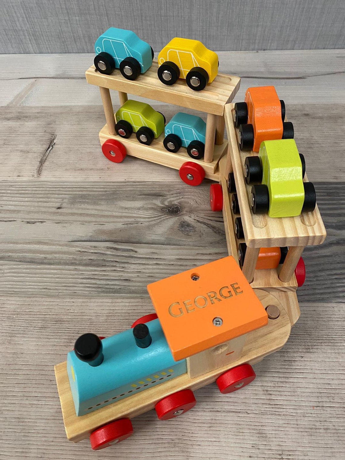 Personalised Wooden Car Transporter With Cars Colourful - Etsy