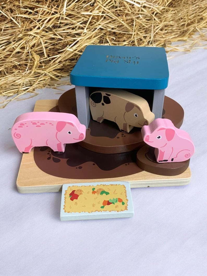 Personalised Wooden Toy Pig Sty Set - Farm Animals - Farm Life - Wooden ...