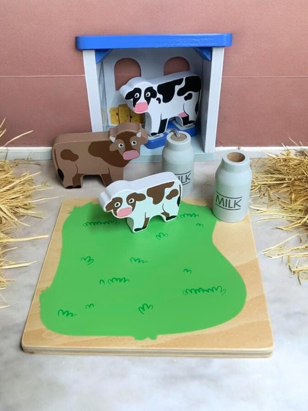 Personalised Wooden Toy Cow Set - Milking Parlour Set - Farm Animals ...